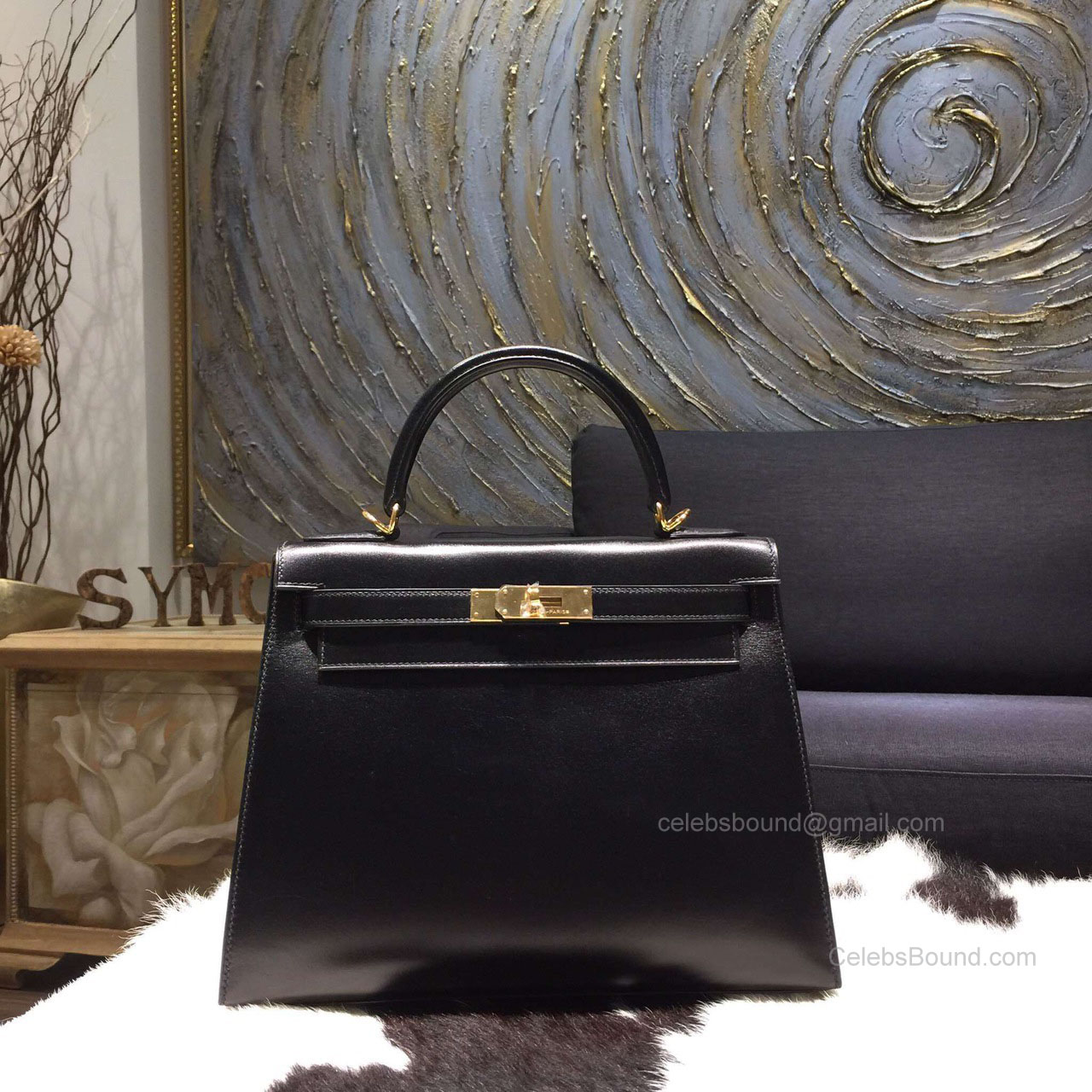Hermes Kelly 32 Black Box Leather Handstitched Gold hw