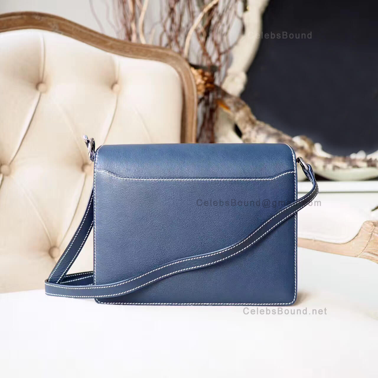 Hermes Roulis 23 Bag White Stitching in 2z Blue Nuit Evercolor PHW