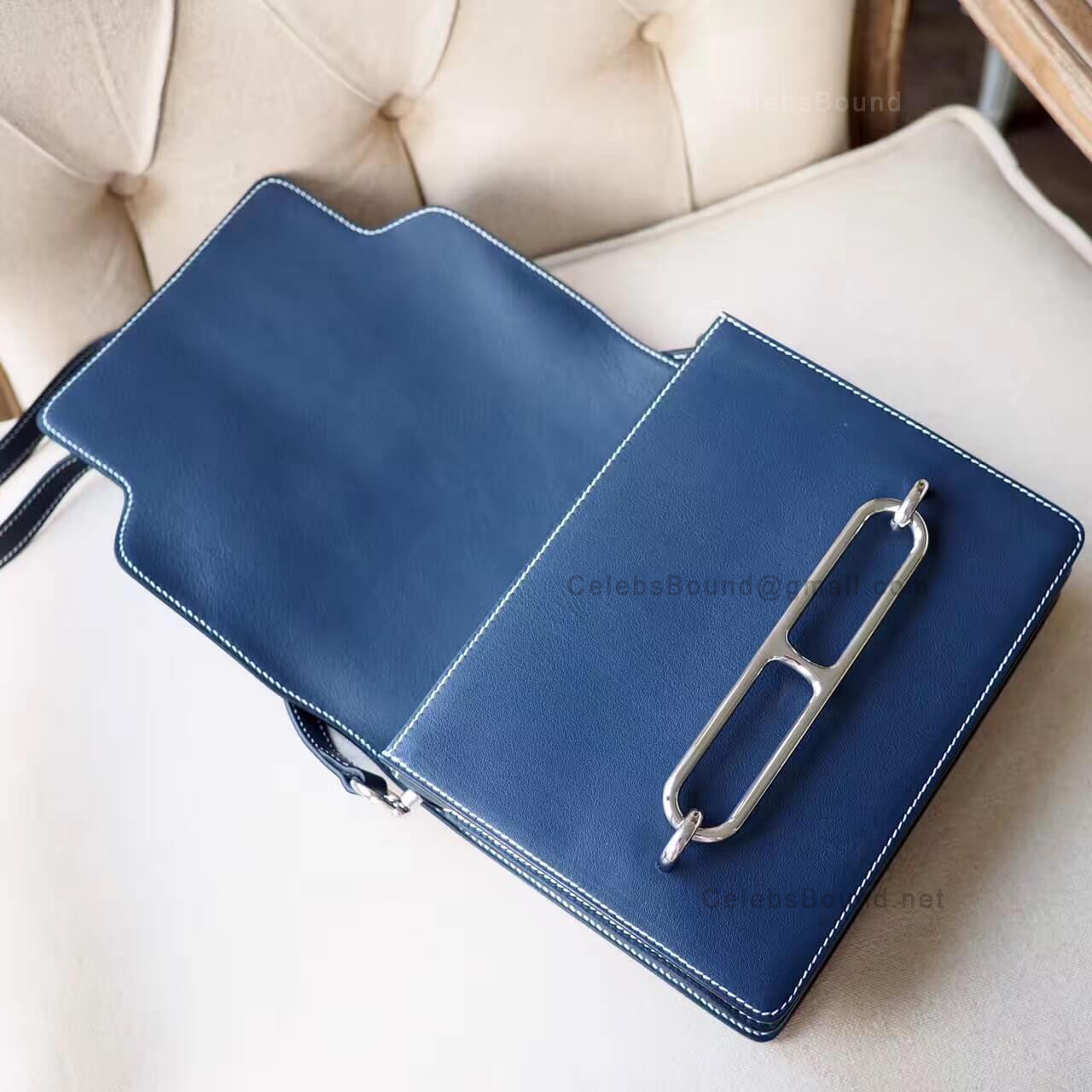 Hermes Roulis 23 Bag White Stitching in 2z Blue Nuit Evercolor PHW