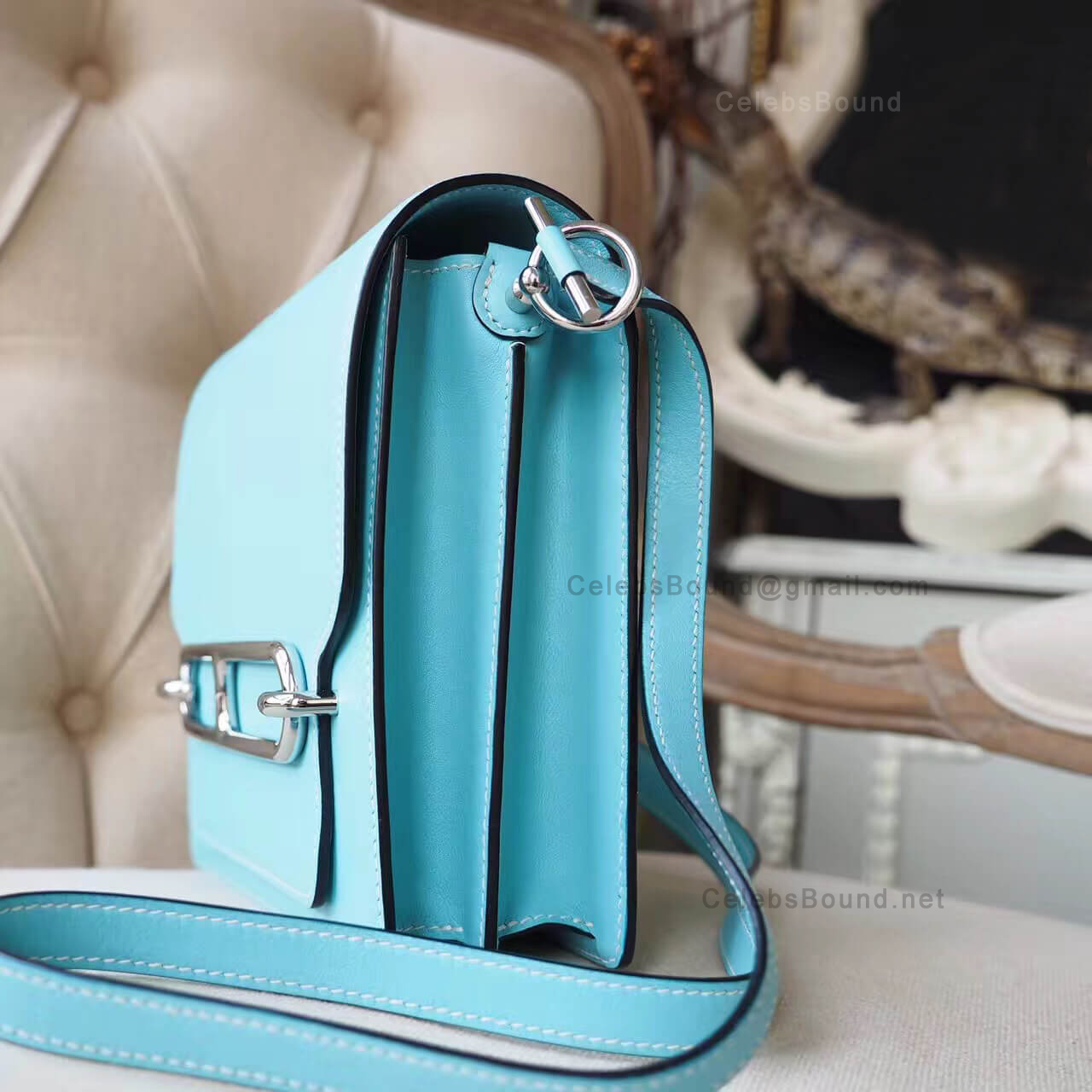 Hermes Roulis 23 Bag White Stitching in 3p Blue Atoll Evercolor PHW