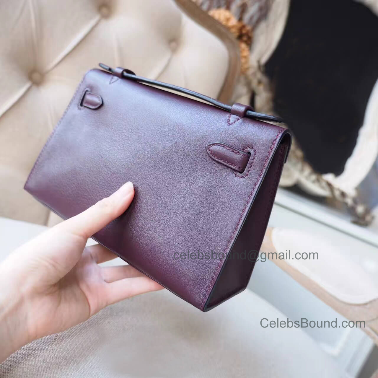 Hermes Mini Kelly 22 Pochette Bag in ck58 Prune Swift GHW