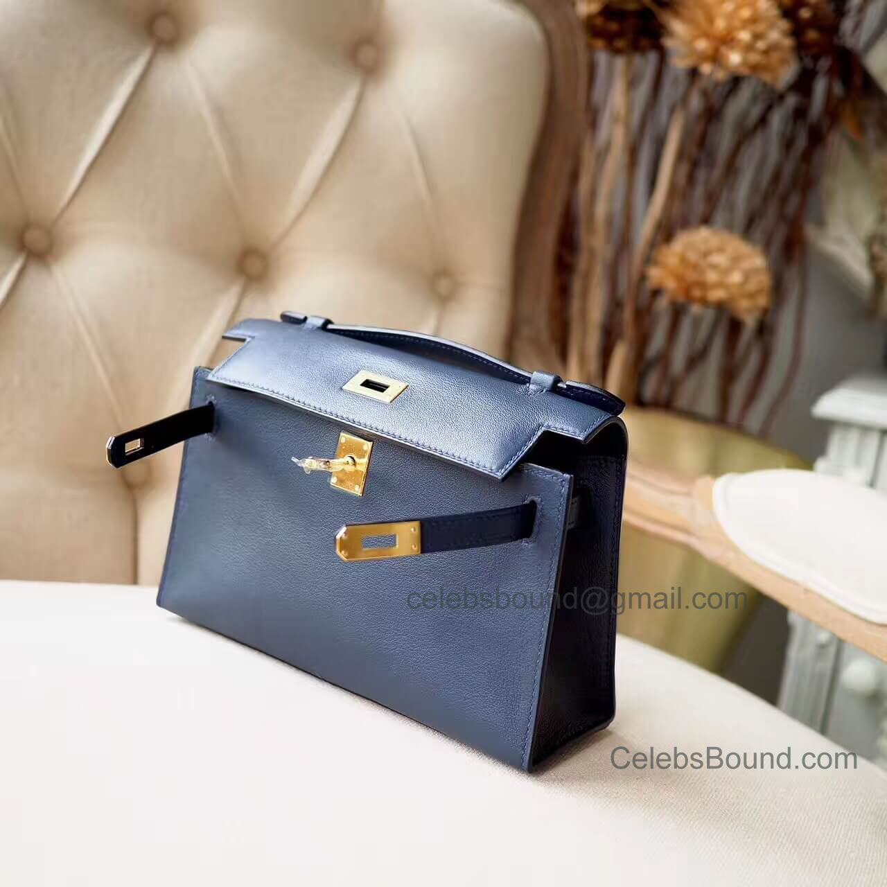 Hermes Mini Kelly 22 Pochette Bag in 1z Blue Nuit swift GHW