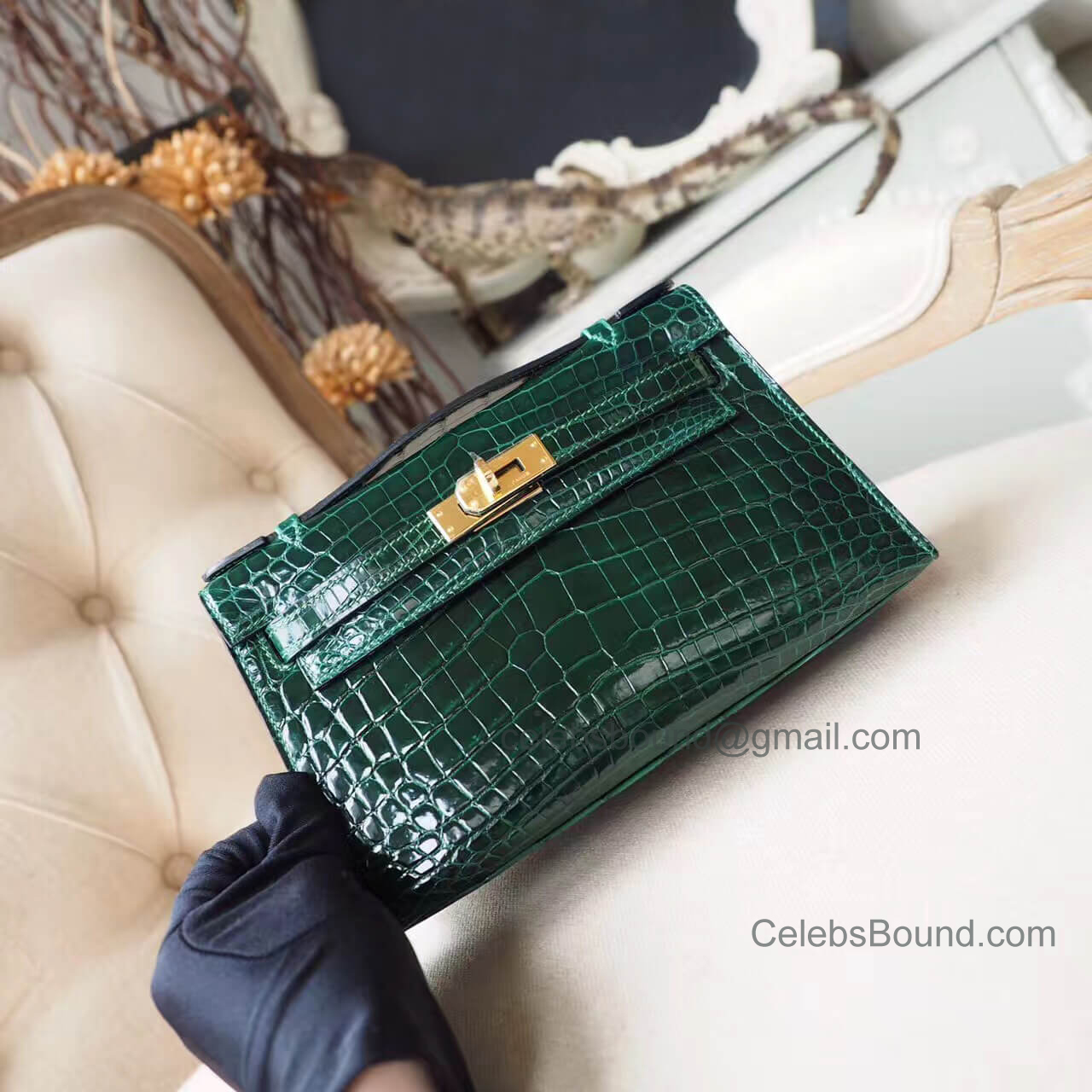 Hermes Mini Kelly 22 Pochette Bag in ck67 Vert Fonce Shiny Nile Croc GHW