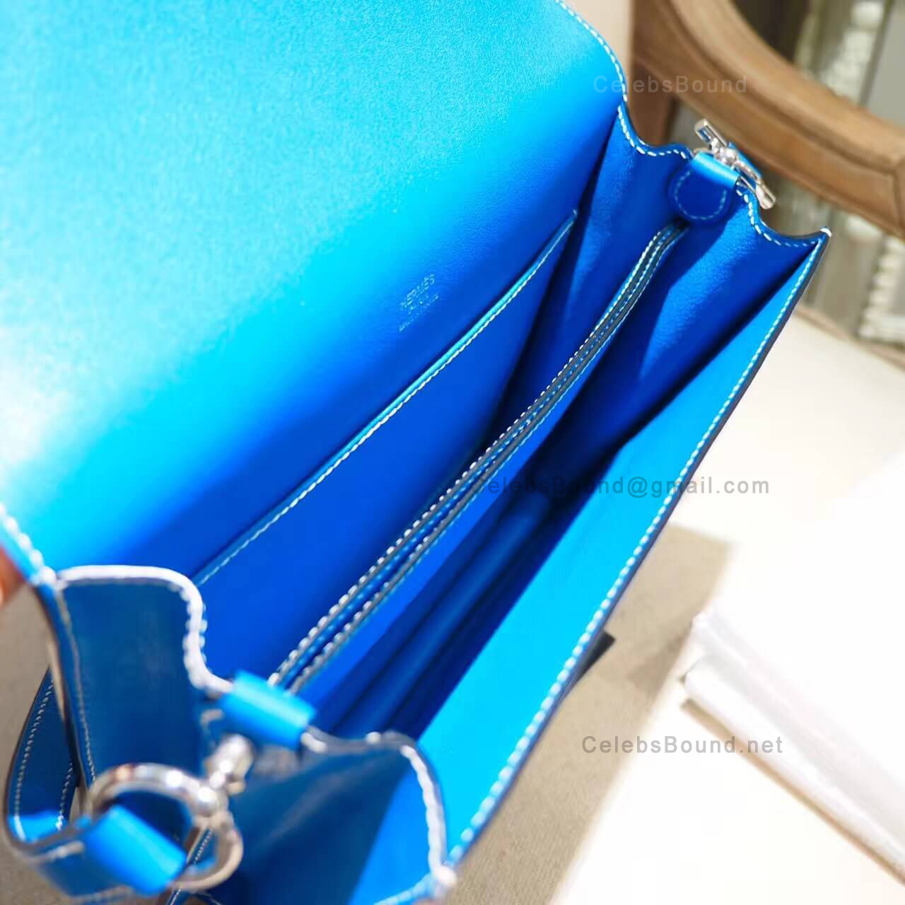 Hermes Roulis 23 Bag White Stitching in t7 Blue Hydra Evercolor PHW